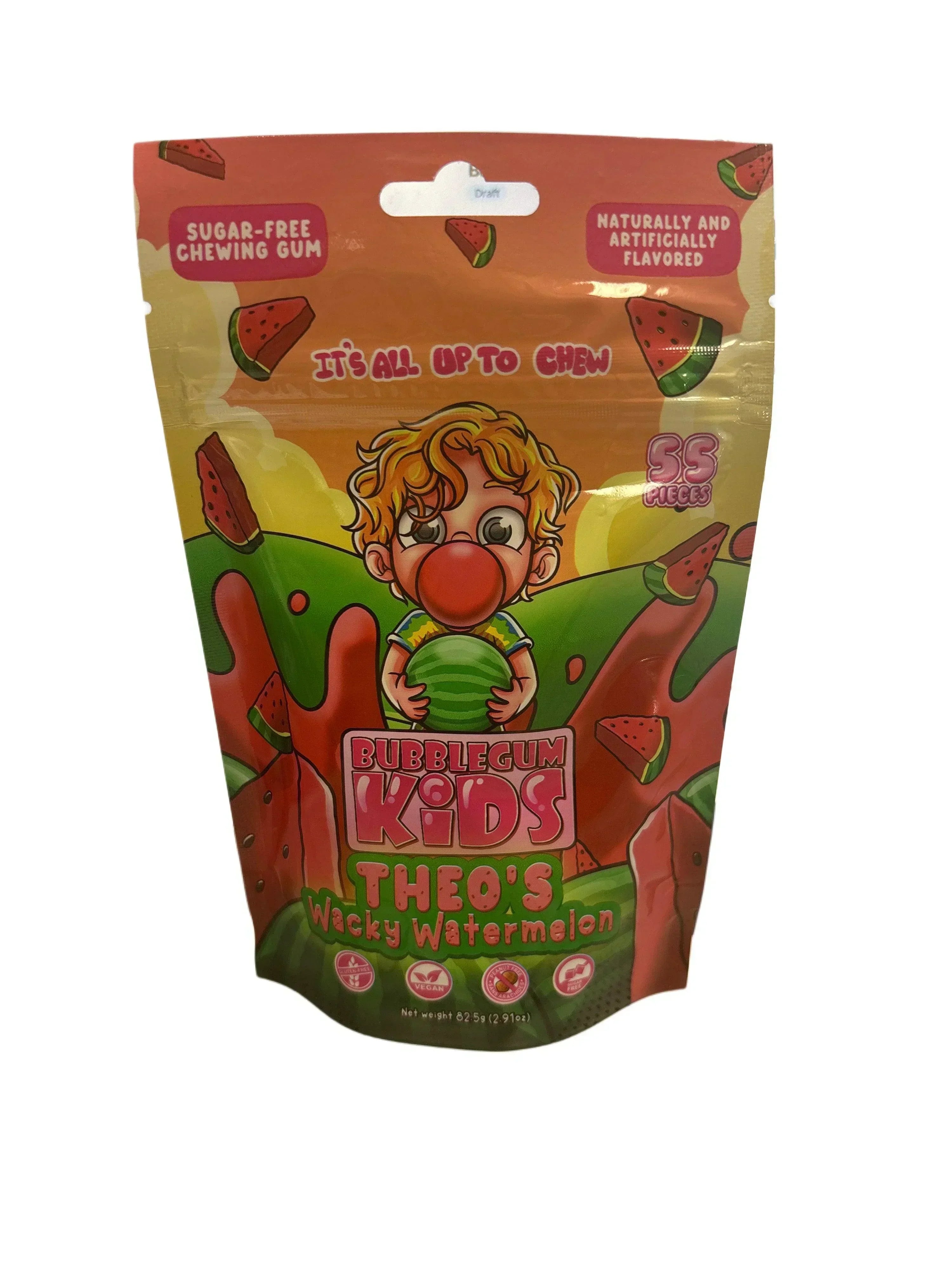 Bubblegum Kids Sugar Free Chewing Gum Theo’s Wacky Watermelon Peg Bag